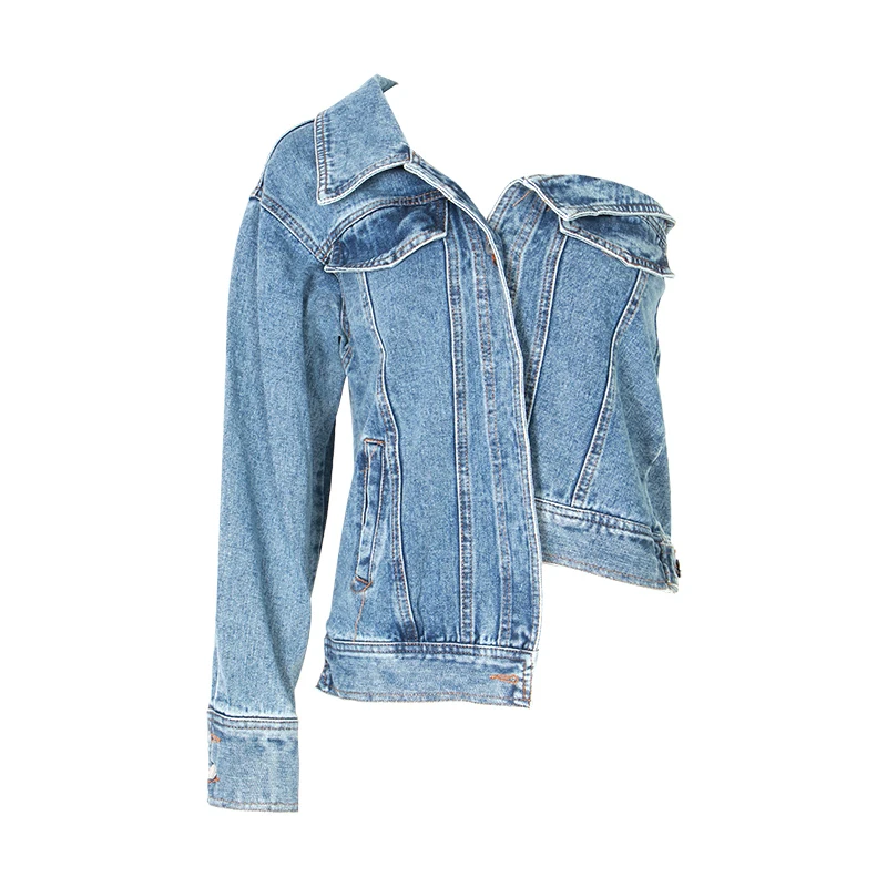 Casual One Shoulder Denim Jacket For Women Lapel Long Sleeve Button ...