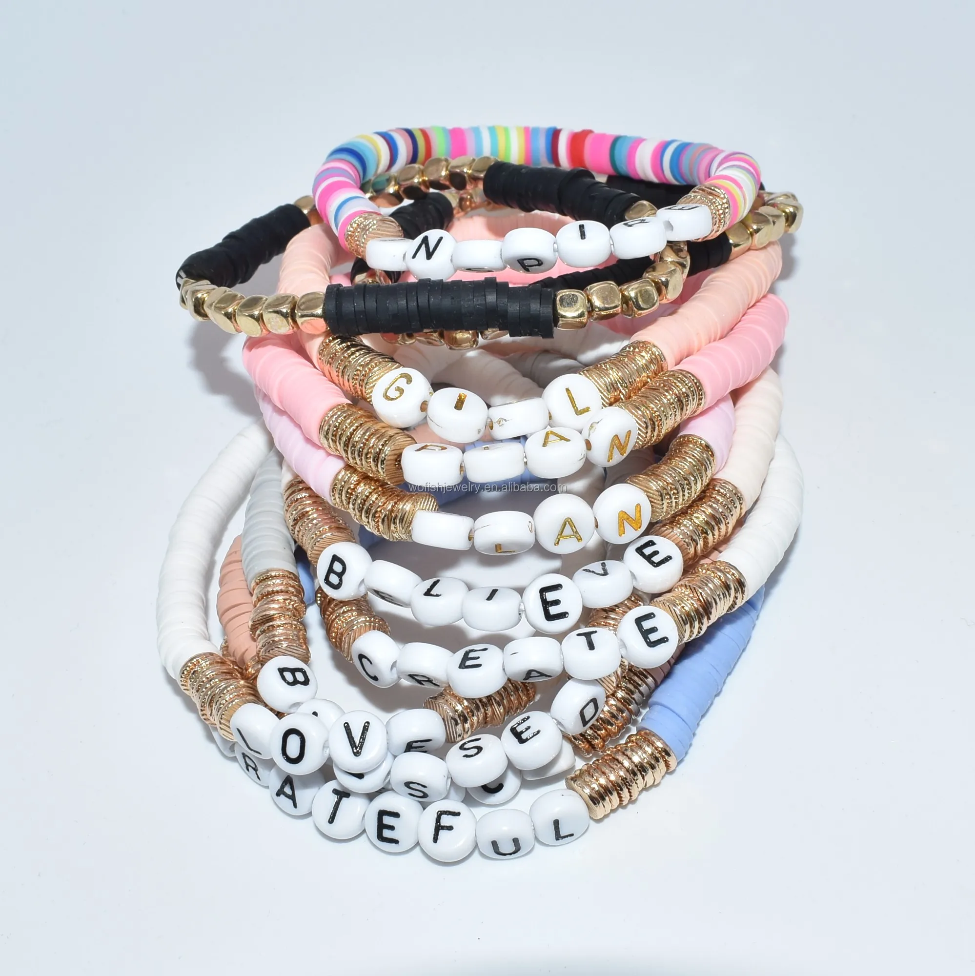 Polymer Clay Disc Beaded Stretch Bracelet Personality Letter/word ... Polymer Clay Disc Beaded Stretch Bracelet Personality Letter/word ...