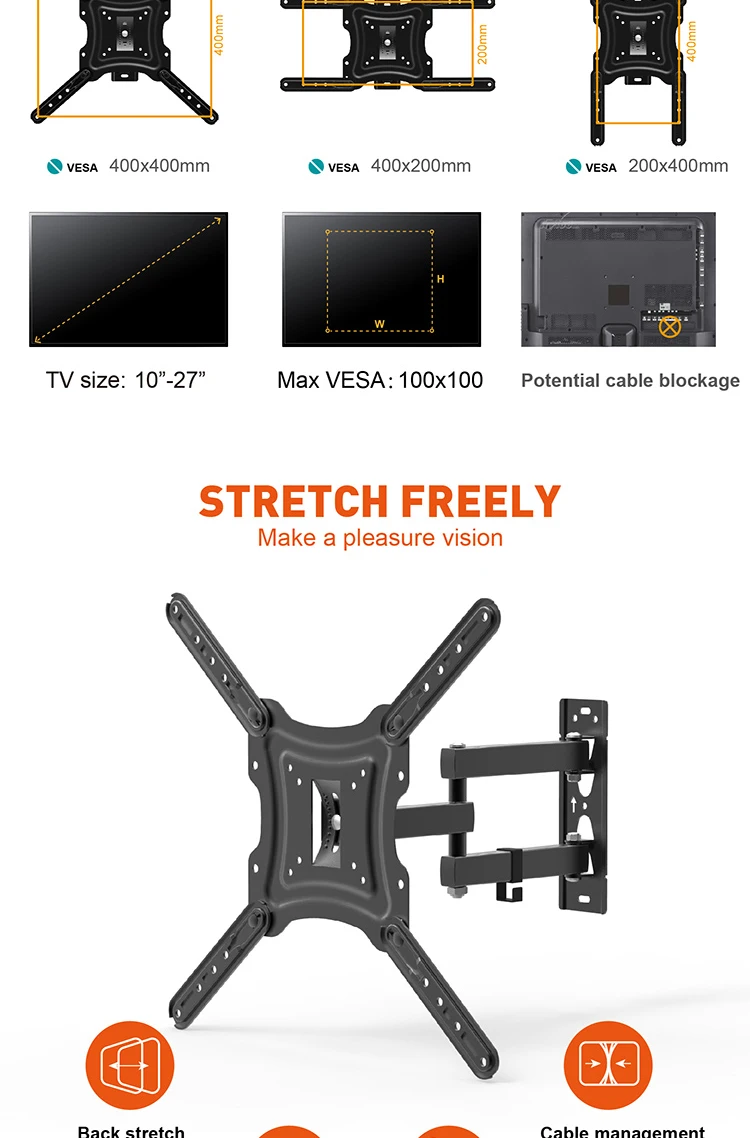 Full Motion Tv Mount 180 Degrees Swivel Tv Bracket Wall Mount,+20 To ...