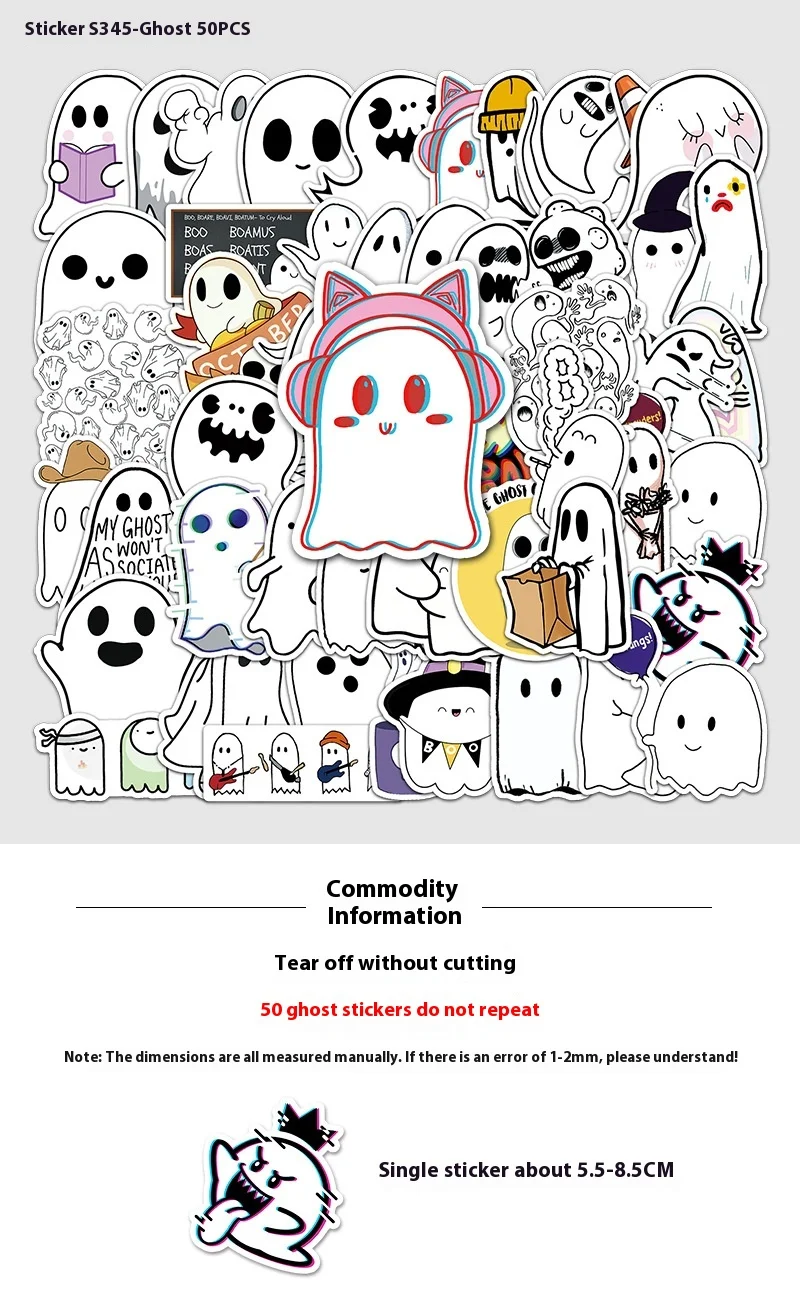50 Cute Cartoon Ghost PVC Adhesive Stickers 50 Creative DIY Halloween ...