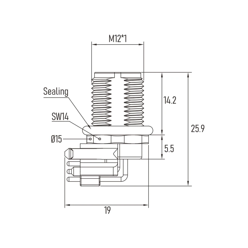 M12 Device Male Panel Mount Connector 8pin Right Angled Pin Front Side ...