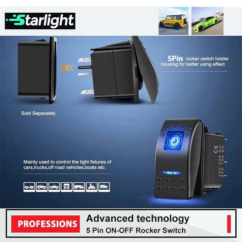 5-Pin SPST Rocker Switch Kit with Jumper Wires 20A/12V & 10A/24V ...