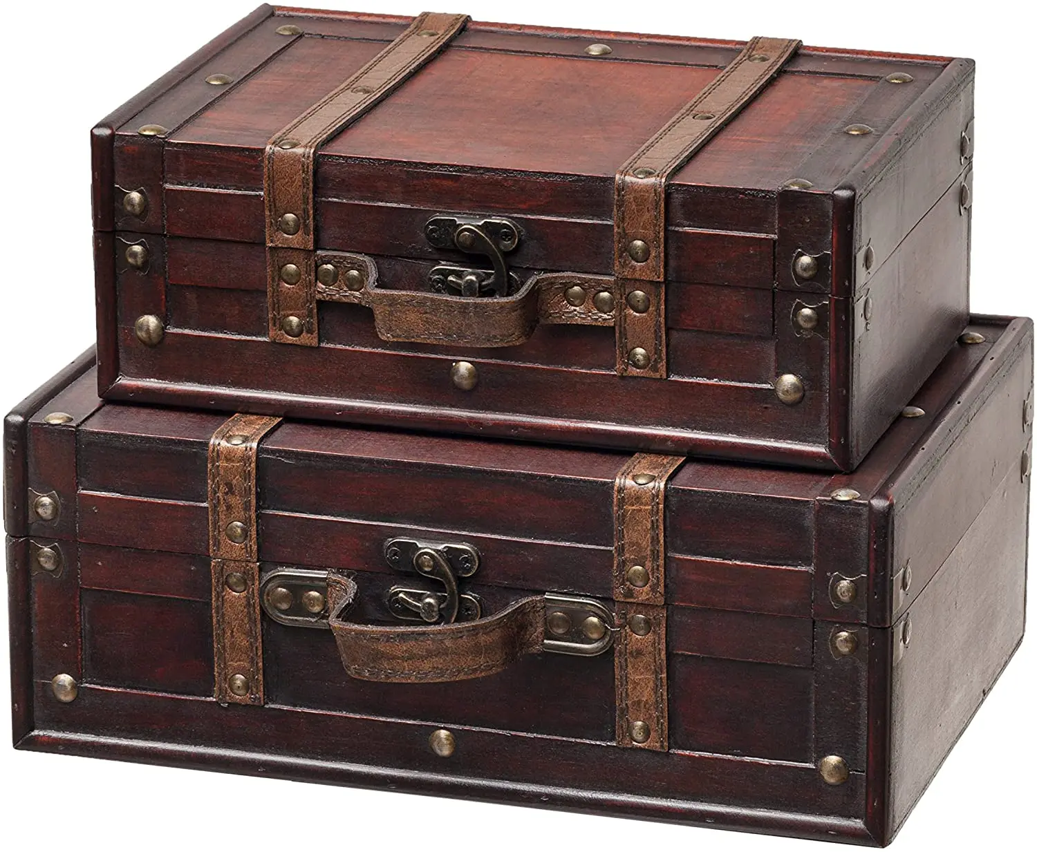 Vintage Luggage Trunks Set/2 Antique Wooden Suitcase Box