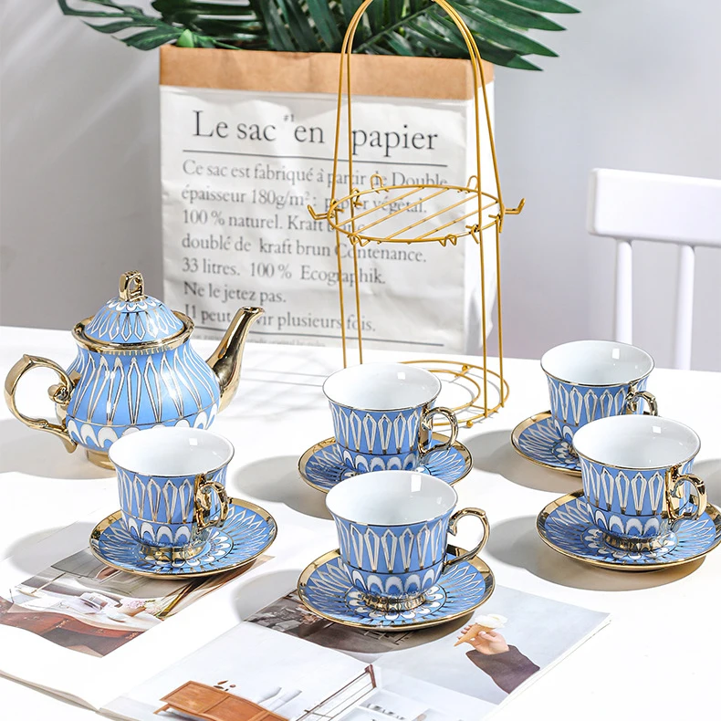 Gold Rim Porcelain Tea Cup Set with Teapot Ceramic Tea Pot