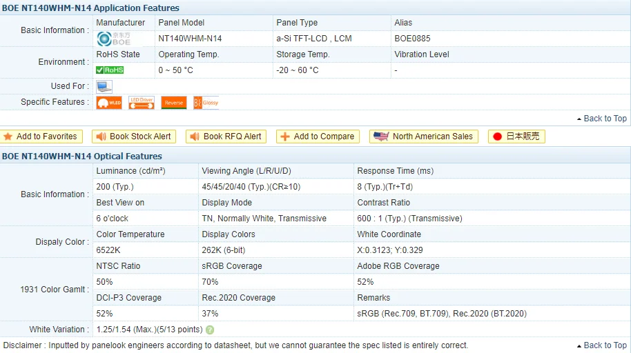 Nt140whm-n14 V4.1 Fit Ltn140at26 B140xw01 V.8 V.6 V.0 Ltn140at07 ...