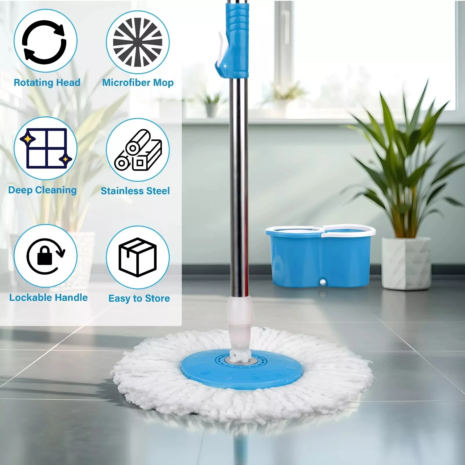 Home 360 Spinning Mop Squeeze Bucket With 2 Microfiber Head Foldable ...