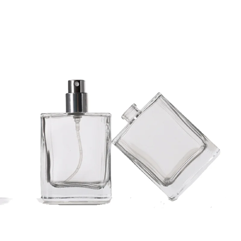 50ml Square Glass Perfume Bottle with Wood Lid & Pump Sprayer - OEM/ODM