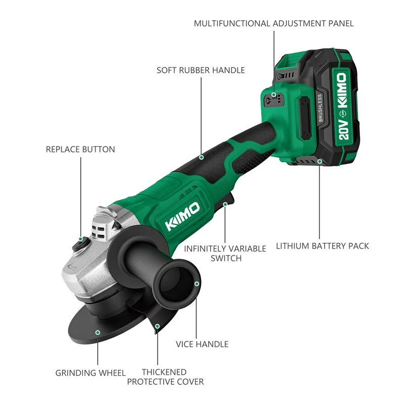 Professional Kimo Cordless Brushless 20v Angle Grinder With Lithium Battery - Buy Angle Grinder ...