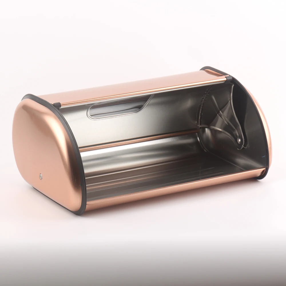 Stainless Steel Bread Box In Copper With Roll Top Cover Bread Storage ...