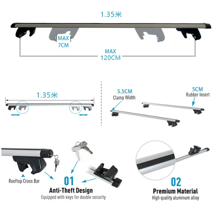 2-piece Universal Cross Rail Roof Luggage Rack Aluminum Alloy ...