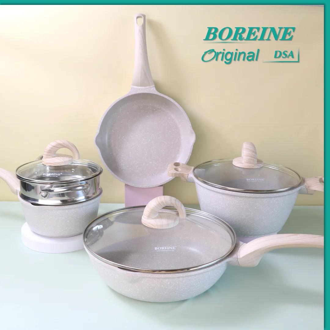 8 Pcs Beige Granite Non Stick Induction Die Cast Aluminium Cookware ...