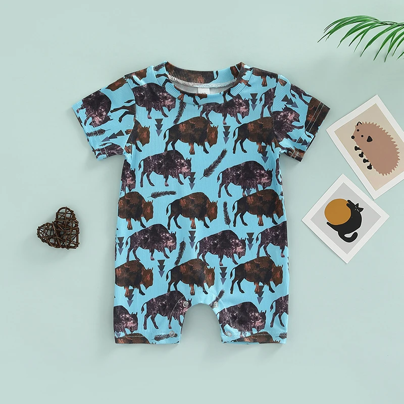 2022 Western Style Toddler Baby Cowboy Romper Overall Clothing Short Sleeve Cow Cactus Print ...