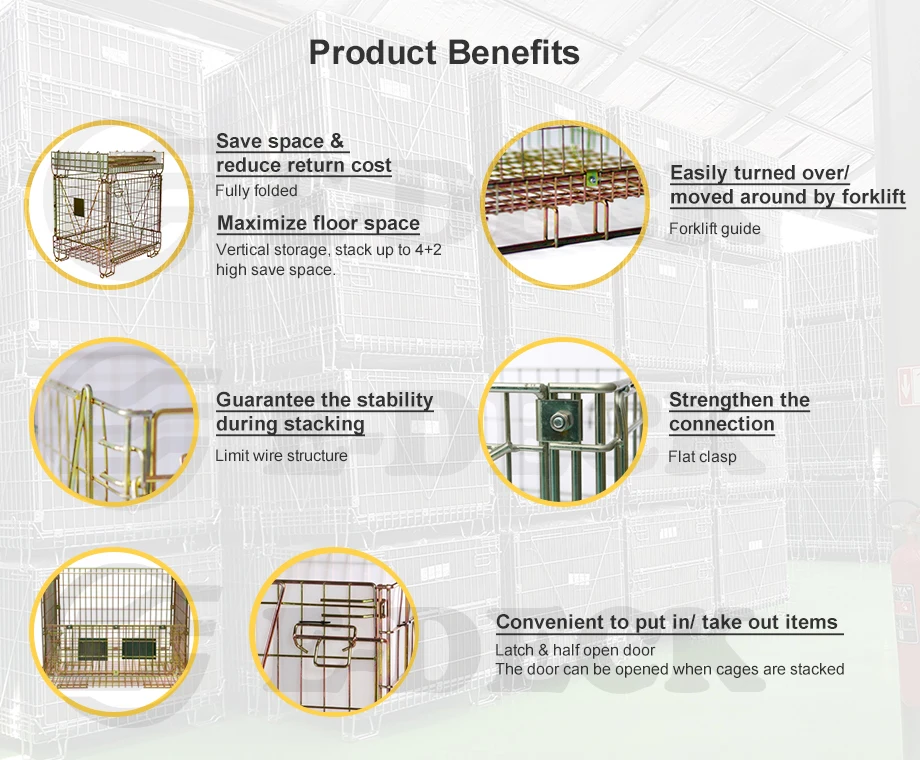Galvanized Steel Large Foldable Stacker Metal Wire Mesh Container With ...
