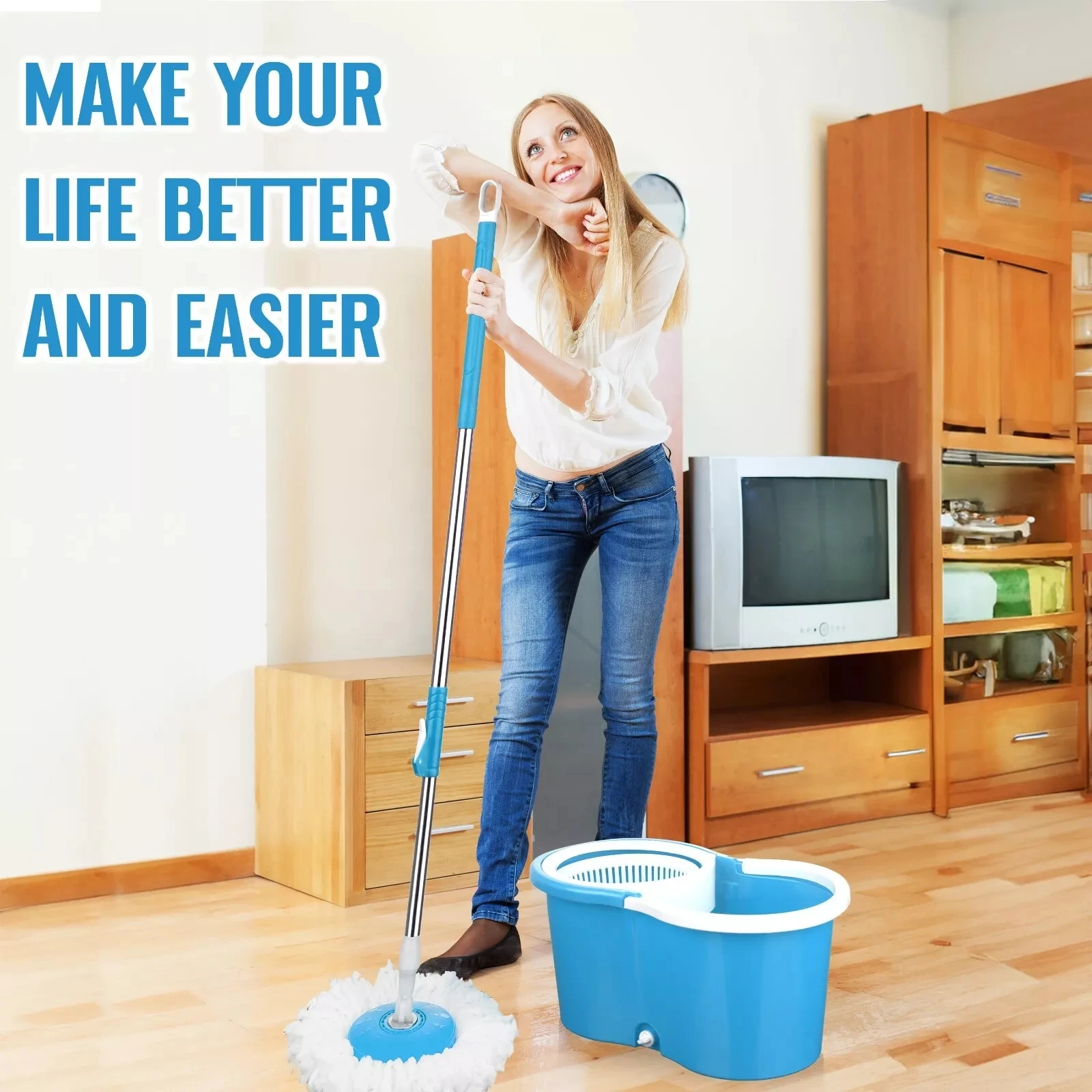 Home 360 Spinning Mop Squeeze Bucket With 2 Microfiber Head Foldable ...