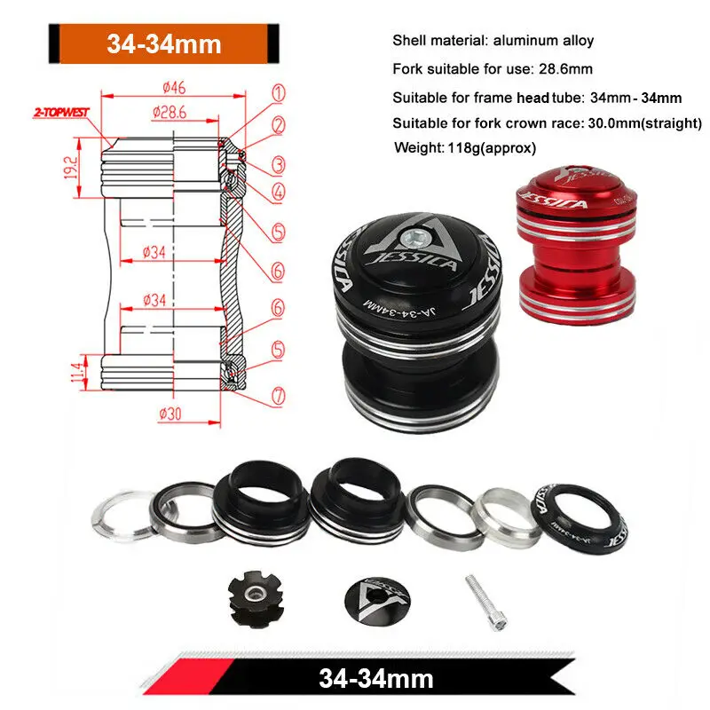 Jessica Mtb Bike Headset Bearing 34/44/44-55/44-56mm Auriculares Para Bicicletas Aluminum Road ...