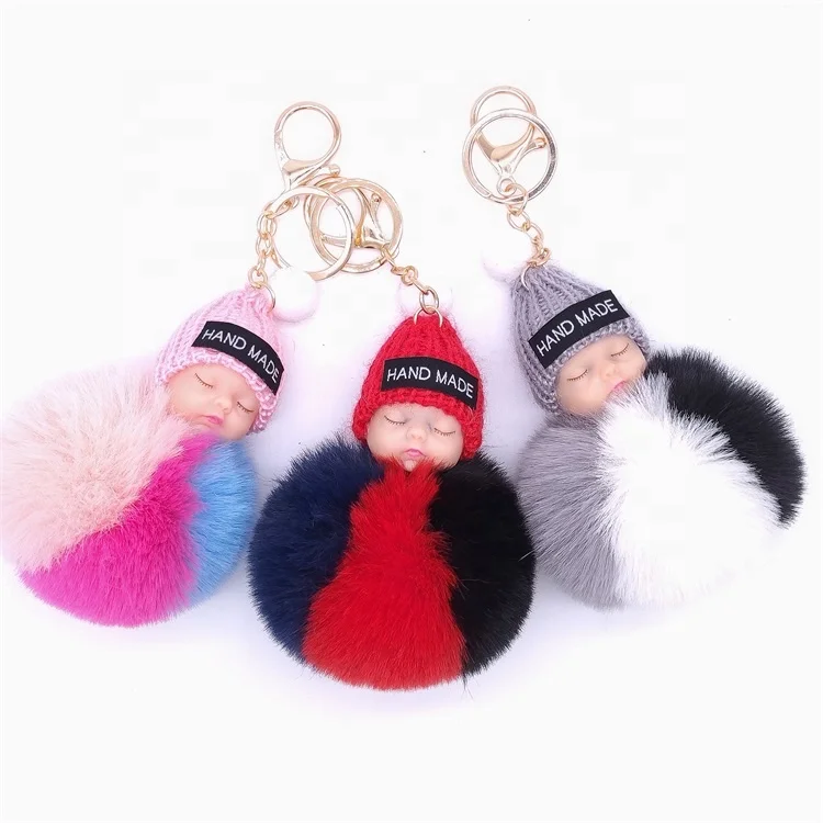 High Quality Rabbit Fur Keychain Girly Fluffy Pom Pom Sleeping Baby ...