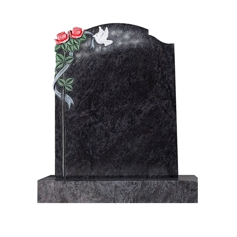 Hand Carved Black Granite Grave Memorial Upright Rose Flower Headstone ...