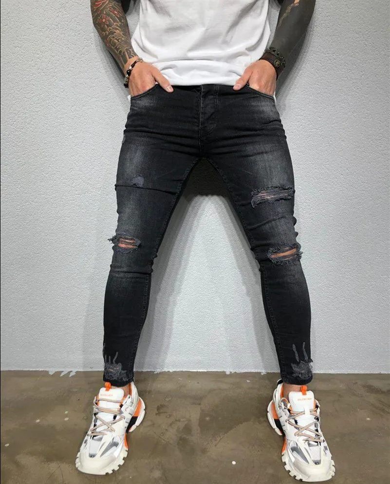 Fashion High Street Black Mens Skinny Jeans Ripped Denim Jeans Mens ...