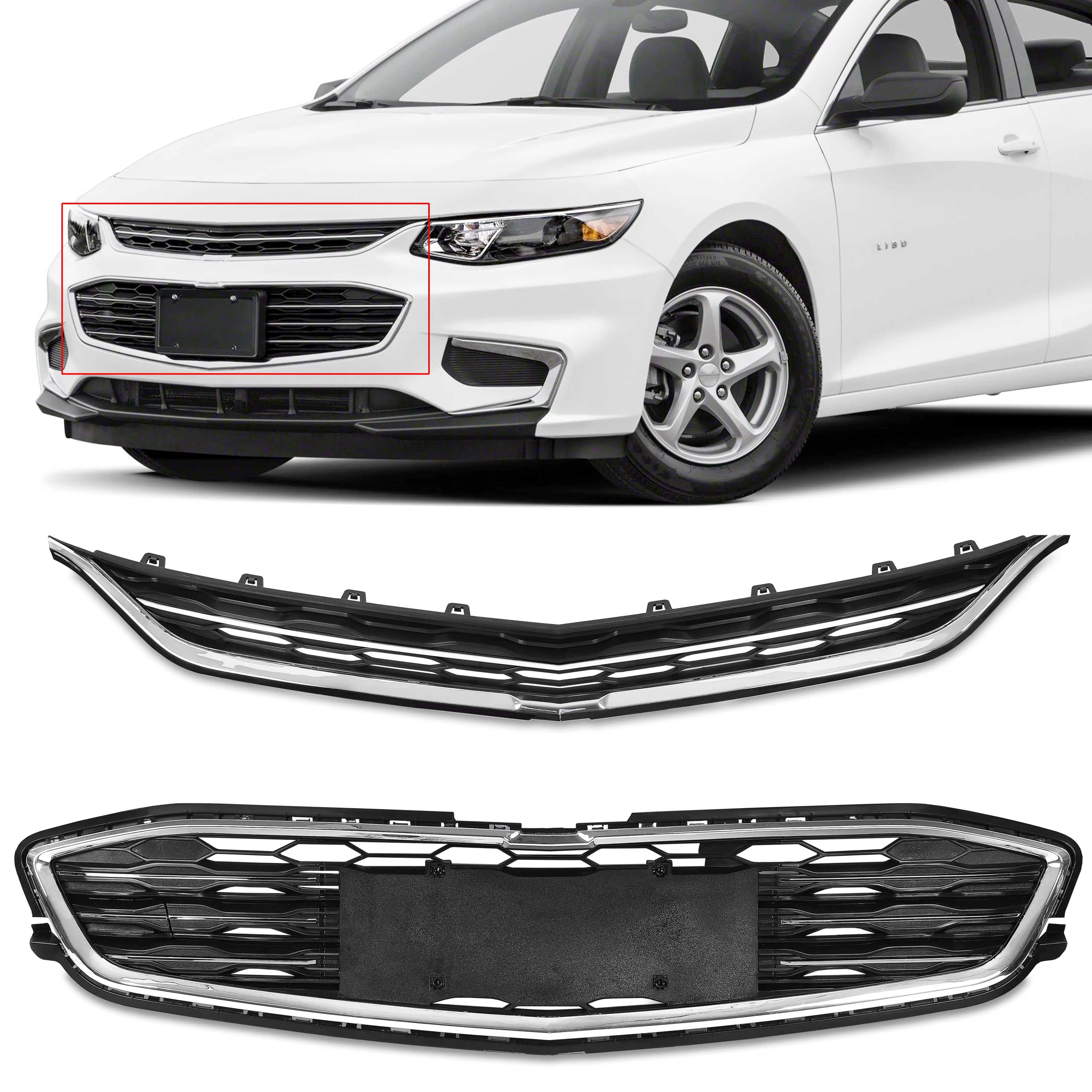 Front Bumper Upper & Lower Honeycomb Mesh Grille Grill For Chevy Malibu ...