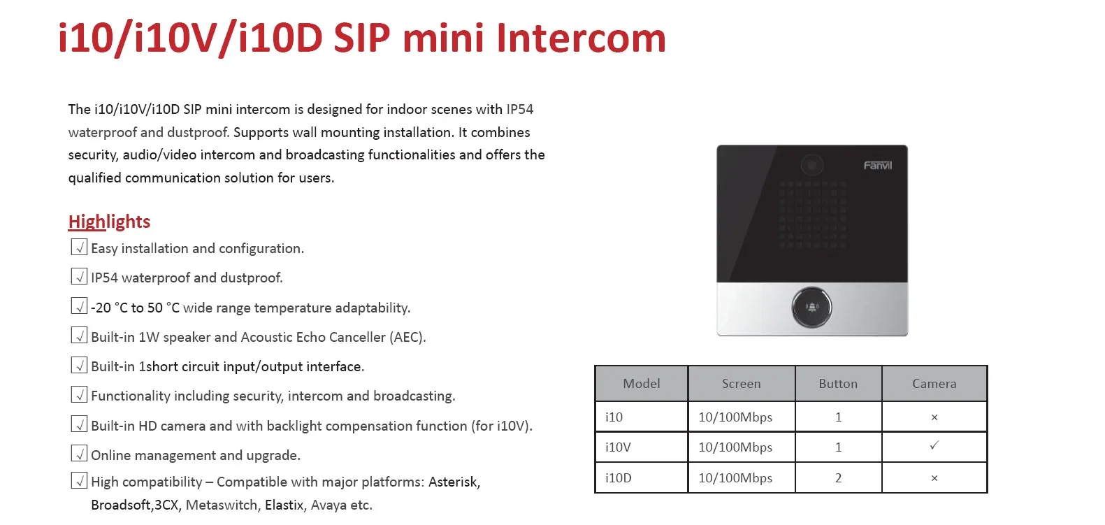 I10 Audio Sip Mini Intercom Hd Voice,Wall-mounted,Poe,2 Sip Lines,Ip54 ...