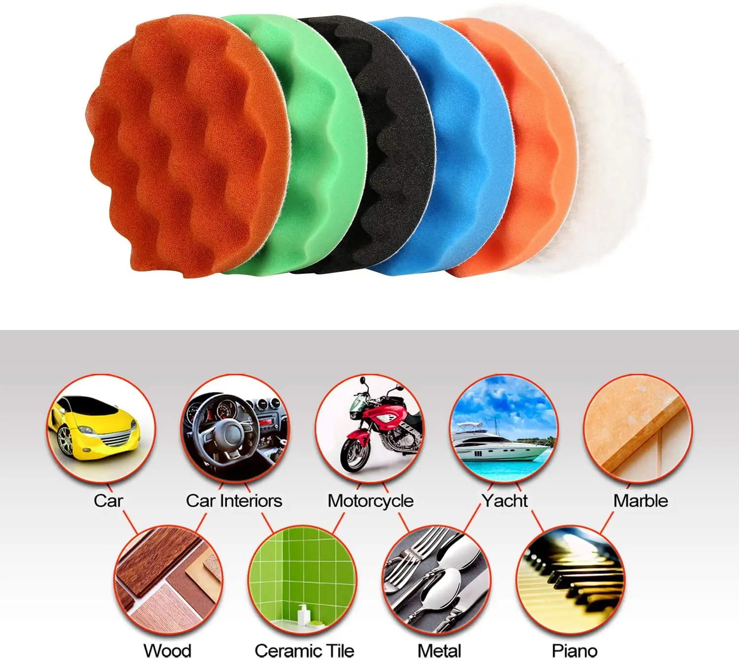 Buffing and Polishing Pad Kit Hook and Loop Sponge Set with 6-8Inch Pad ...
