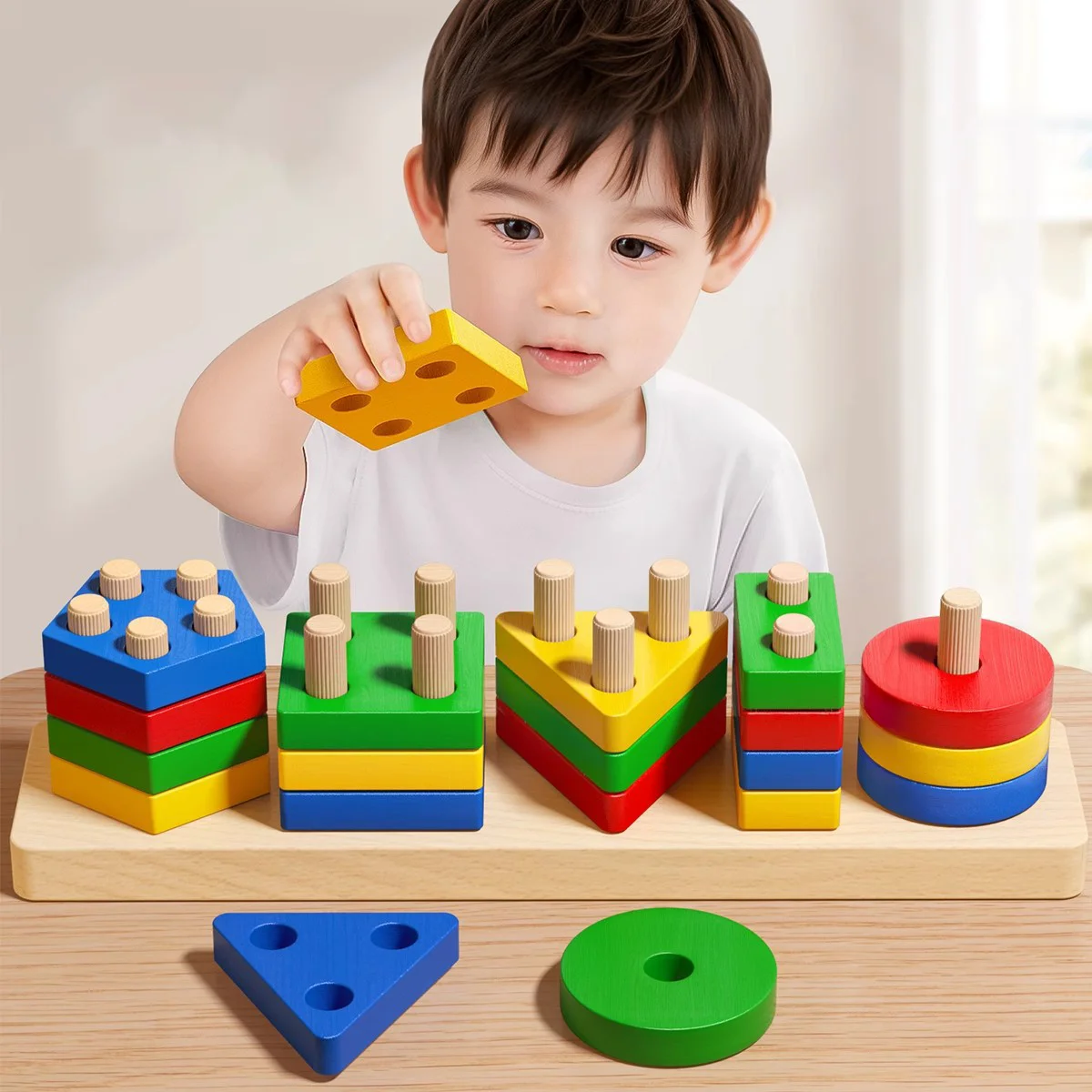 Geometric Shape Set of Wooden Building Blocks for Children