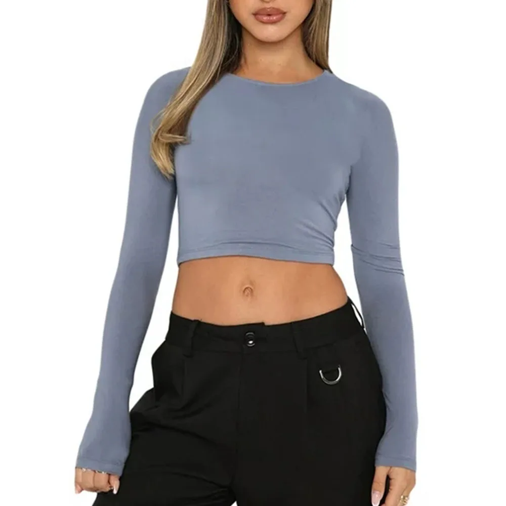 Custom Women's Long Sleeve Crop Top T-shirt Low Cut With Cutout And ...