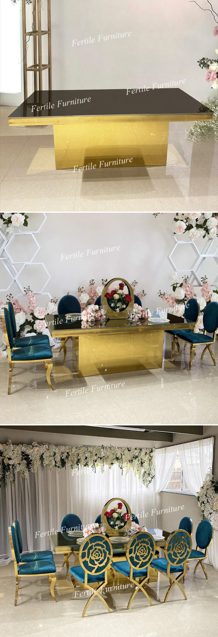 Luxury Stainless Steel Base Rectangle Golden Mirror Glass Table For ...