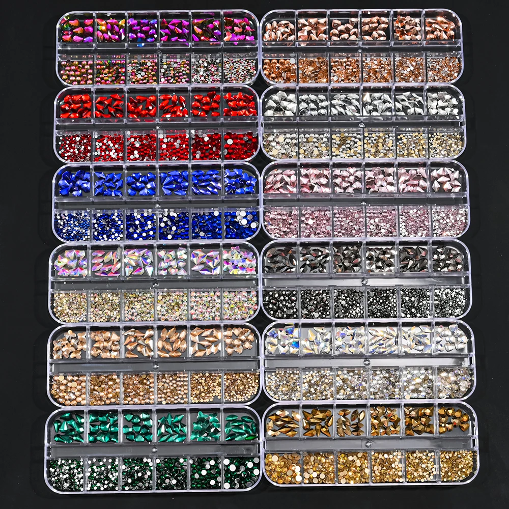 12gird 3d Glass Ab Crystal Nail Rhinestones Flatback Red Blue Green ...