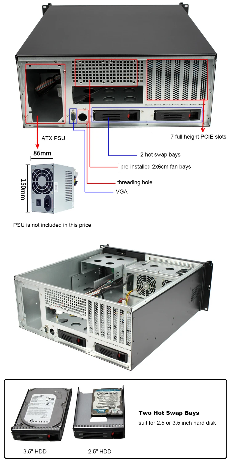 IPC 4U Rackmount Server Case with LCD Display & Keyboard for PC Server Rack