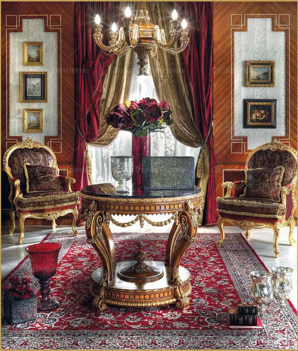 Luxury Classic Wood + Red Fabric Sofa Set French Antique Sofa