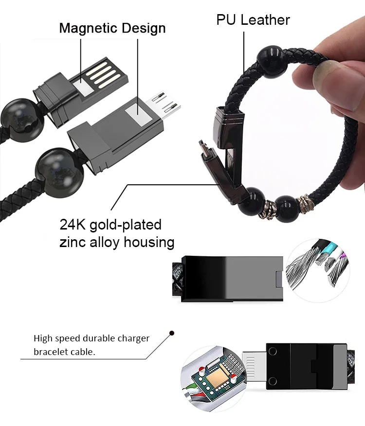 Portable Leather Bracelet Usb Cable For Apple Cell Phone Usb-c Charging ...