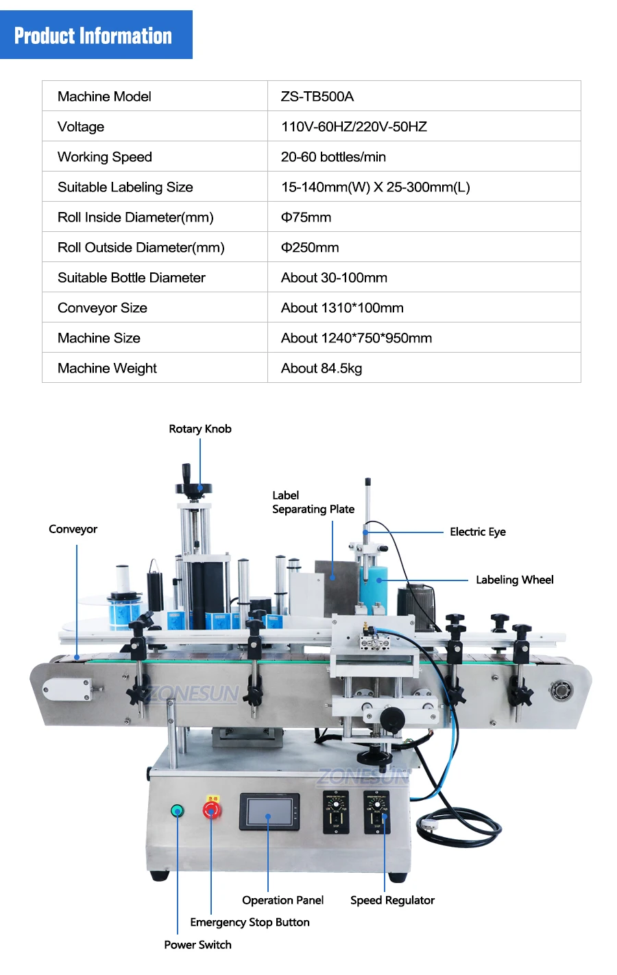ZONESUN TB-500A Bench Top Labeller - High Efficiency Labeling