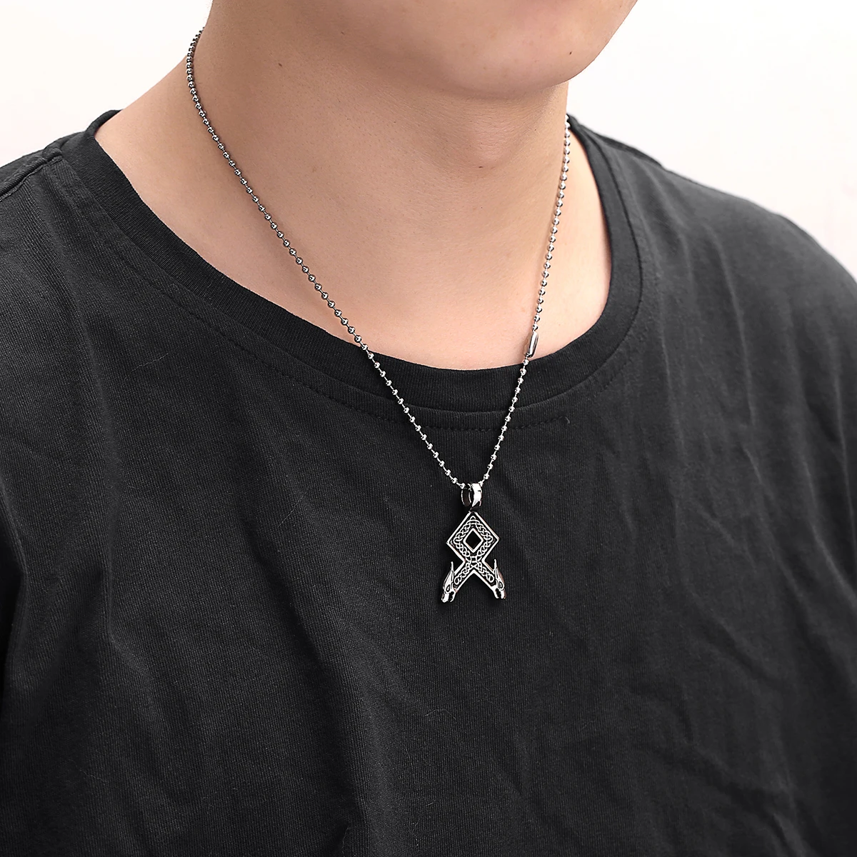 Stainless Steel Wolf Heads Othala Odal Rune Pendant Necklace With ...