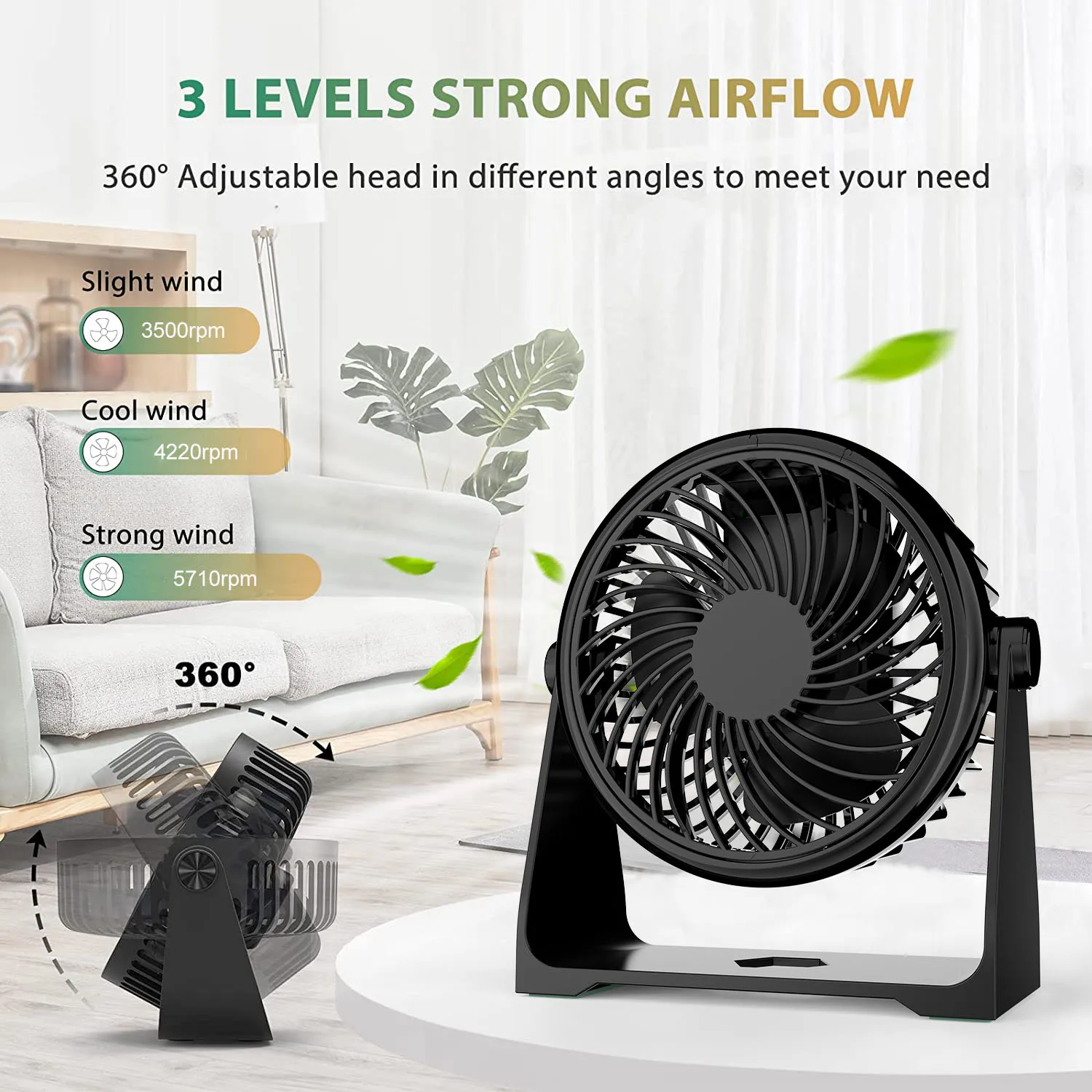 3 Speed Small Room Air Circulator Fan - Black & Rechargeable