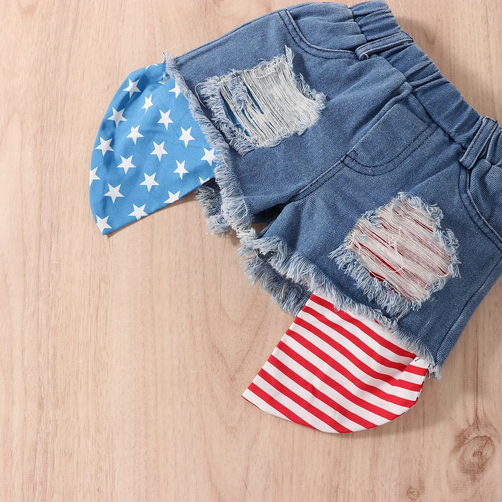 4th of July Star Stripe Halter Top & Denim Shorts Set, ODM