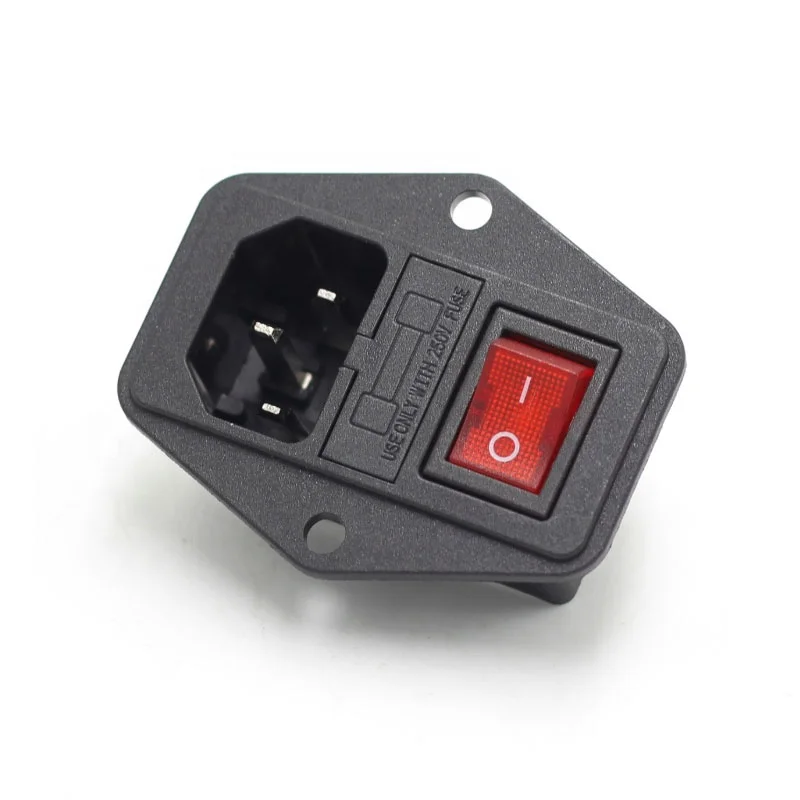 10A 250V AC Power Socket Plug with Red Rocker Switch