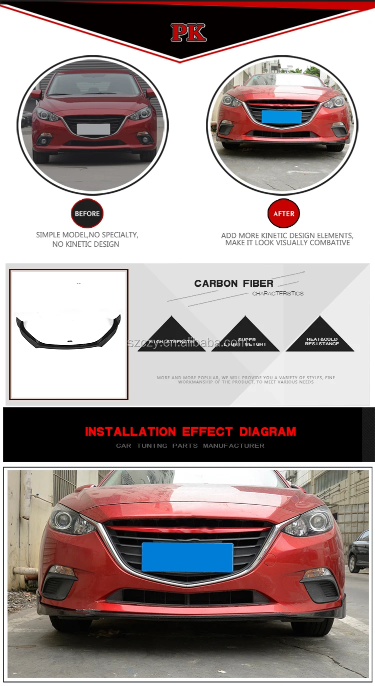 Carbon Fiber Front Bumper Lip Spoiler for Mazda 3 2014-2016