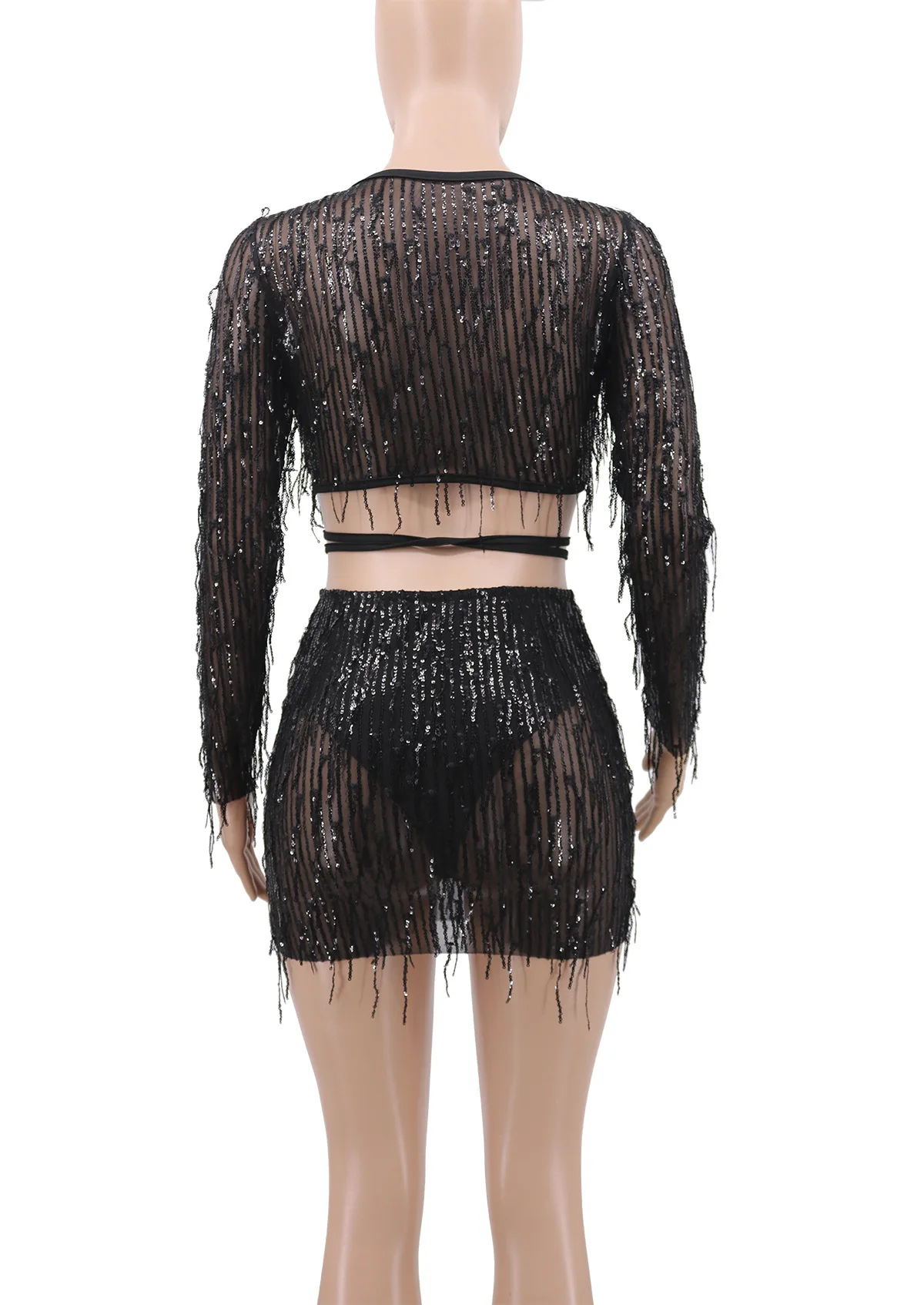 Perspective Nightclub Suits Mesh Sequins Women Clothing Two Piece Set