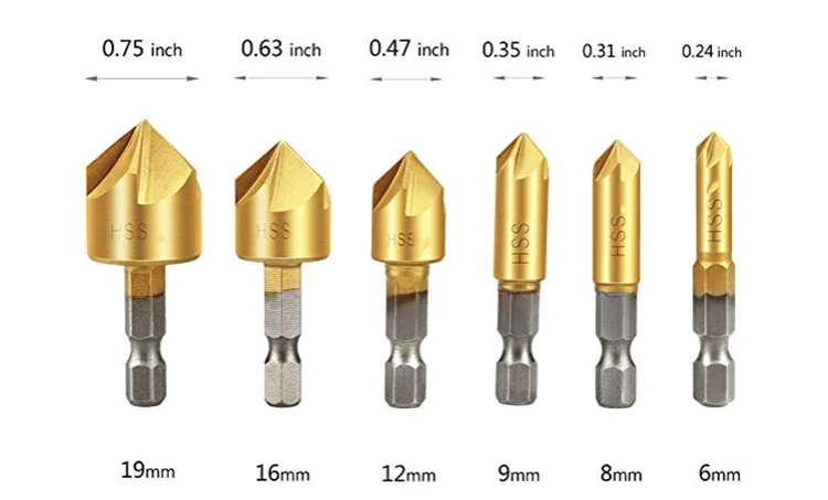 Hex Shank 6pcs Countersink For Wood 90 Degree Imperial Size Counter ...