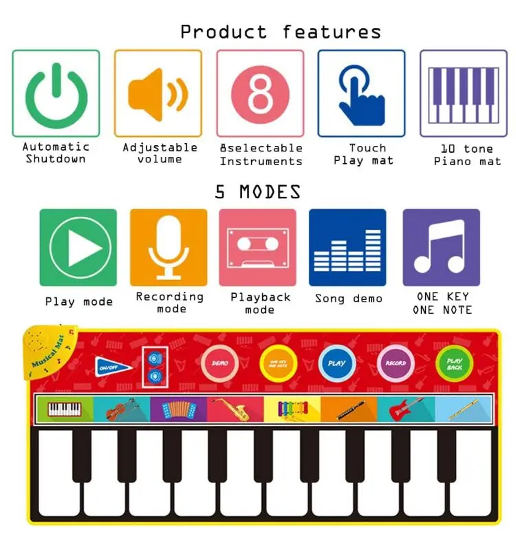 148x60cm Piano Musical Mat Keyboard Playmats Kids Musical Piano Mats,8 ...