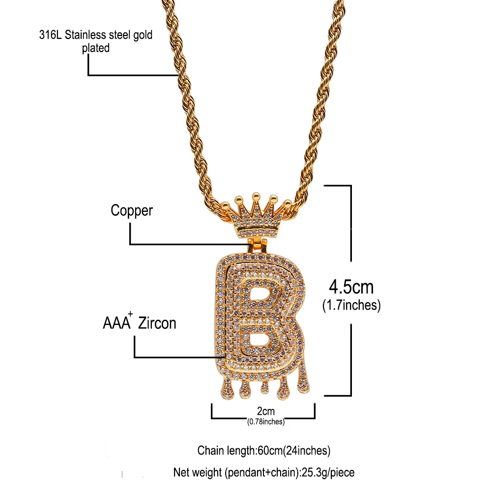 Trendy Iced Out Crown Letter Water Drip Pendant Gold Chain