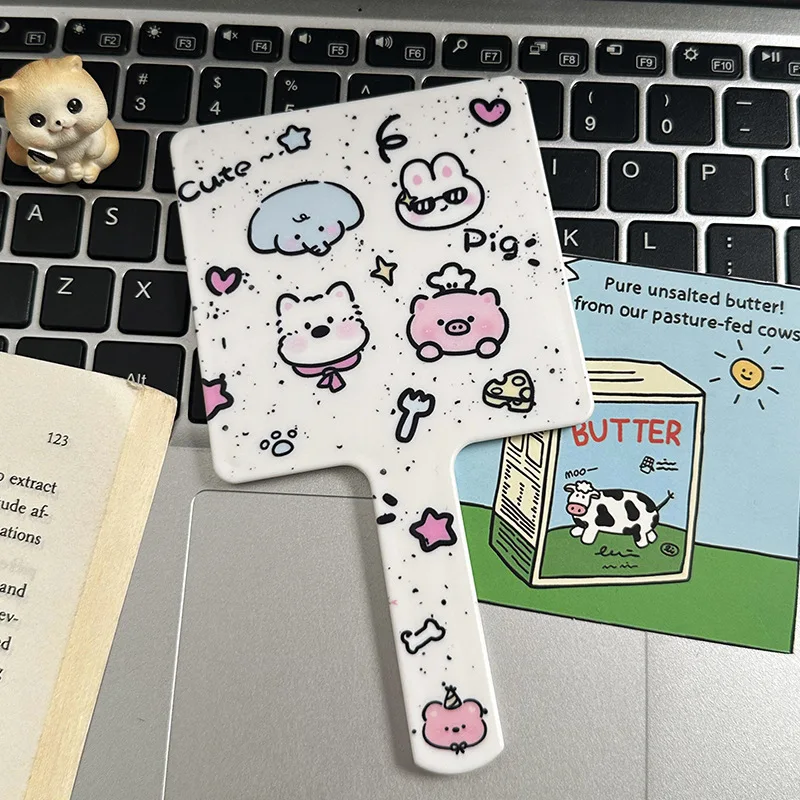 Portable Mini Cartoon Cute Handheld Mirror Simple Handle Compact square ...