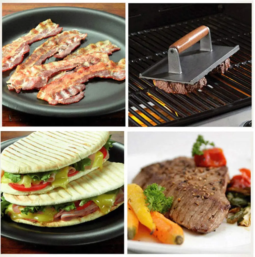 Cast Iron Steak Weights,Bbq Heavy Weight Bacon Press With Wooden Handle ...