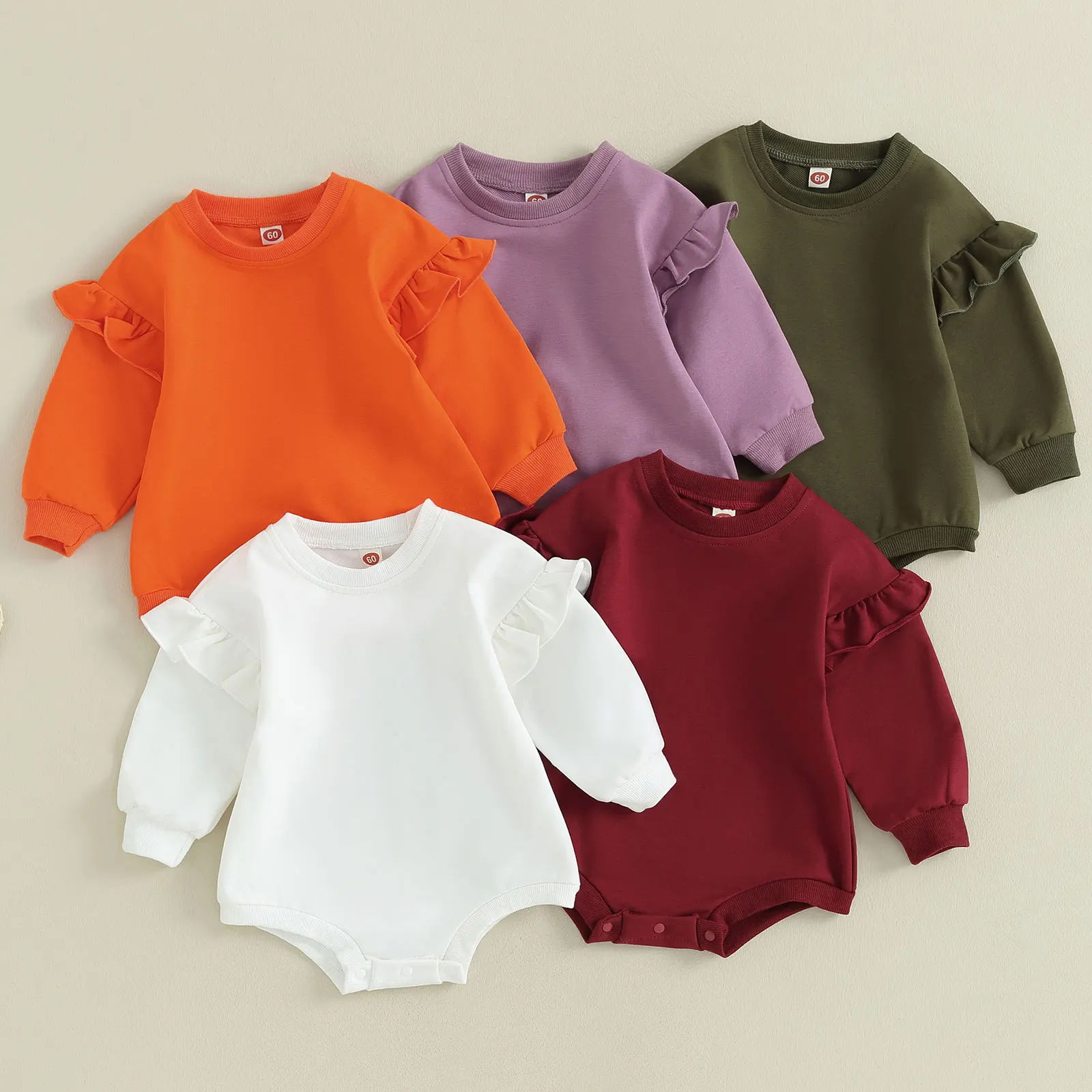 Fall Winter Boho Solid Blank Toddler Baby Oversized Sweatshirt Romper Long Sleeve Frill Ruffle ...