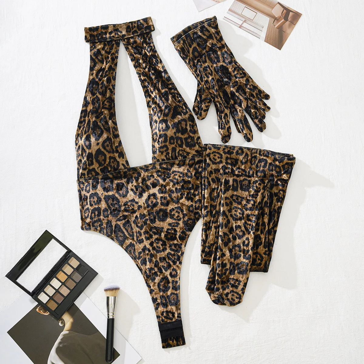 Leopard Print 3-Piece Crotchless Bodysuit Lingerie with Gloves and ...