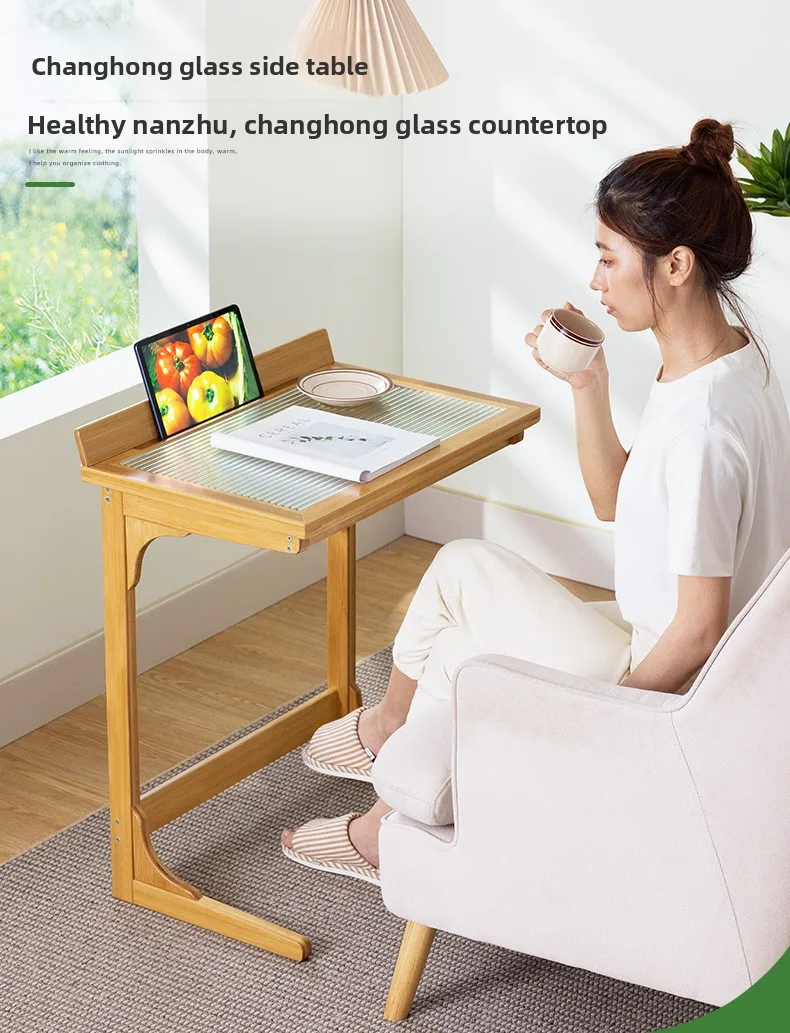 Small Square Corner Coffee Table Japanese Style Bamboo Frame Glass Top ...