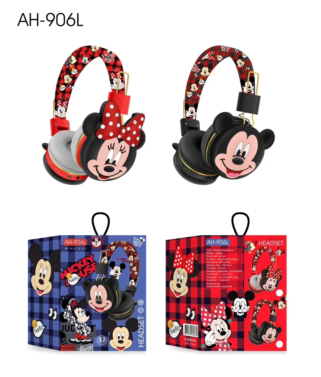2024 AH906L Minnie Mickey Mouse Wireless Headset for Kids