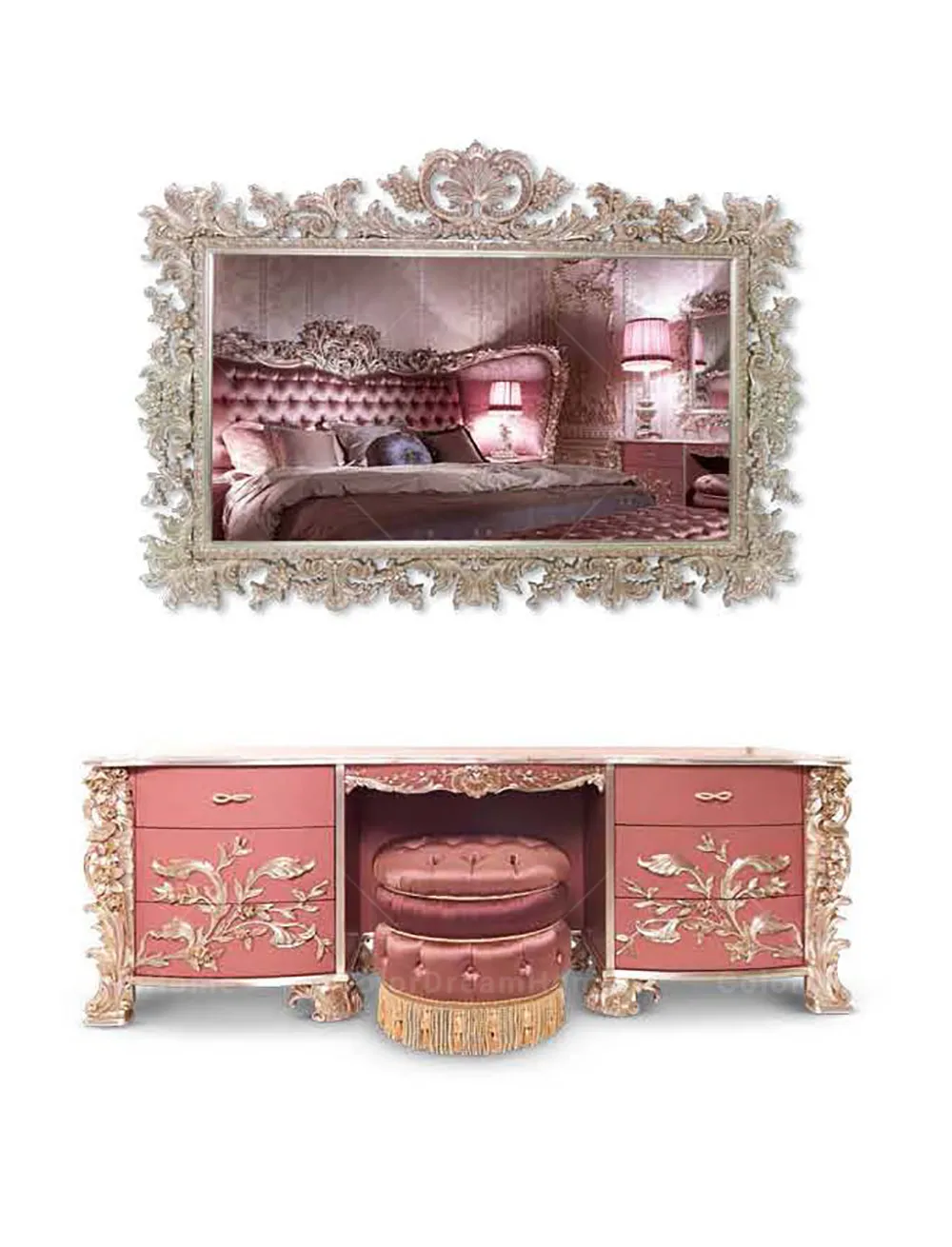Rococo Princess Bedroom Furniture - Pink Silver Foil Dresser