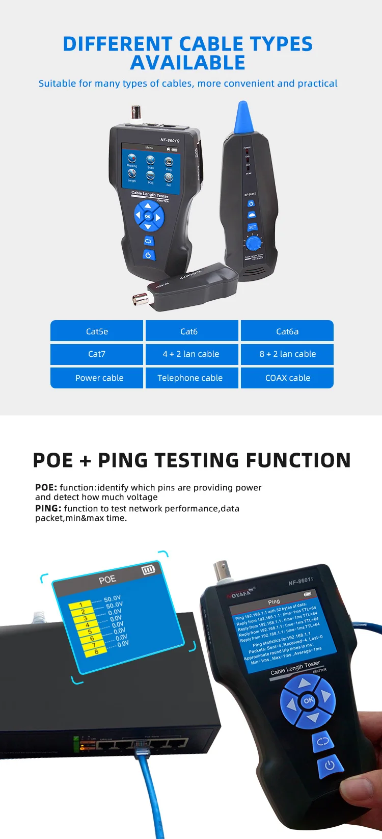Noyafa NF-8601S TDR de red LAN Ethernet RJ45 BNC RJ11 probador de Cable de prueba de equipo ...